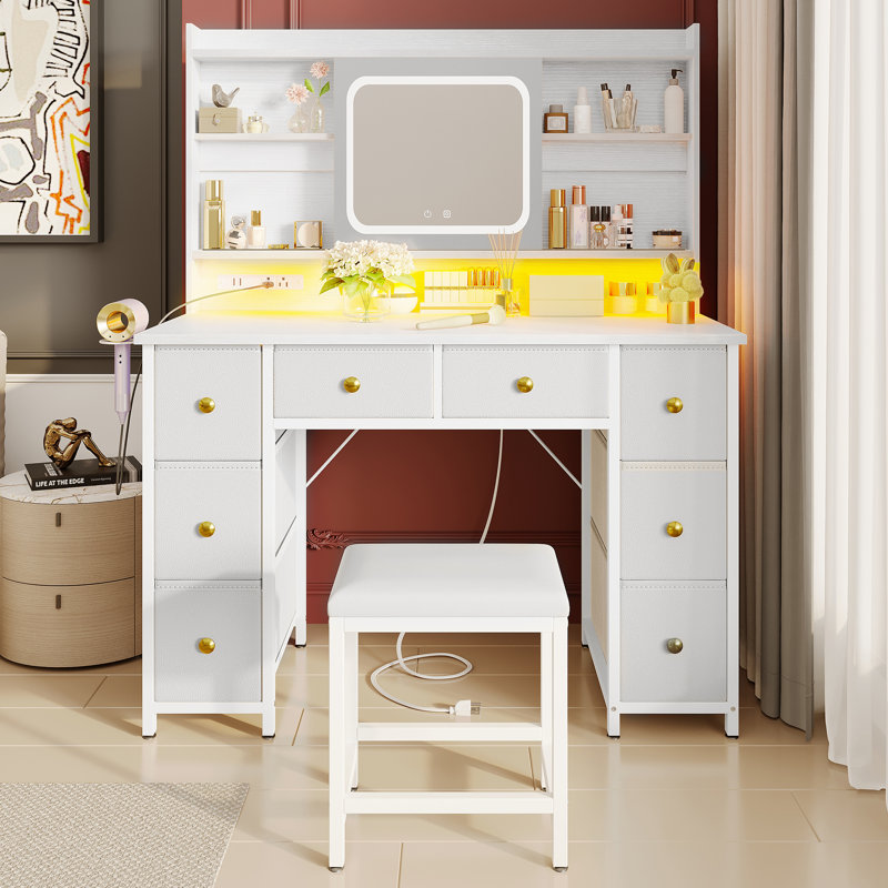 Ebern Designs Dressing Table With Lighted Mirror modern Vanity Set With Padded Stool Makeup Vanity Desk With 8 tier Fabric Drawers And 2 Large Storage Shelves vanity Desk With Hair Dryer Rack Modern V...
